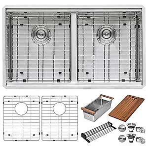 Ruvati 33-inch Workstation Rounded Corners 50/50 Double Bowl Undermount Kitchen Sink - RVH8351