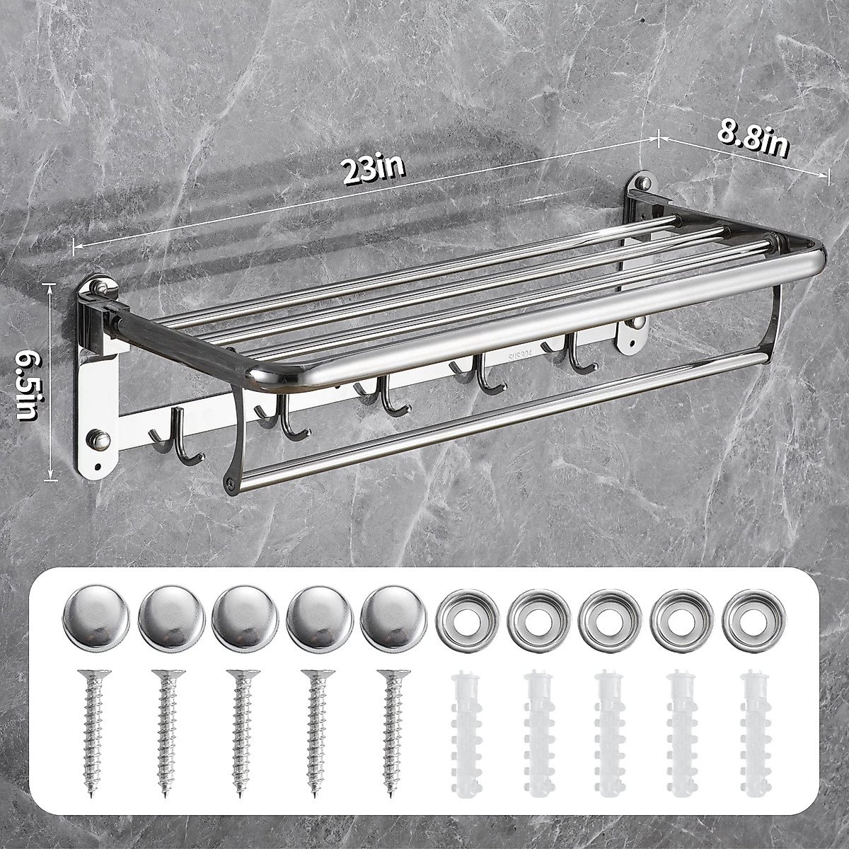 Towel Rack - Stainless Steel BathTowel Rack,Polished 304 Stainless Steel 5 Hooks Towel Shelf，23 inches Foldable Wall Mounted Bathroom Towel Holder