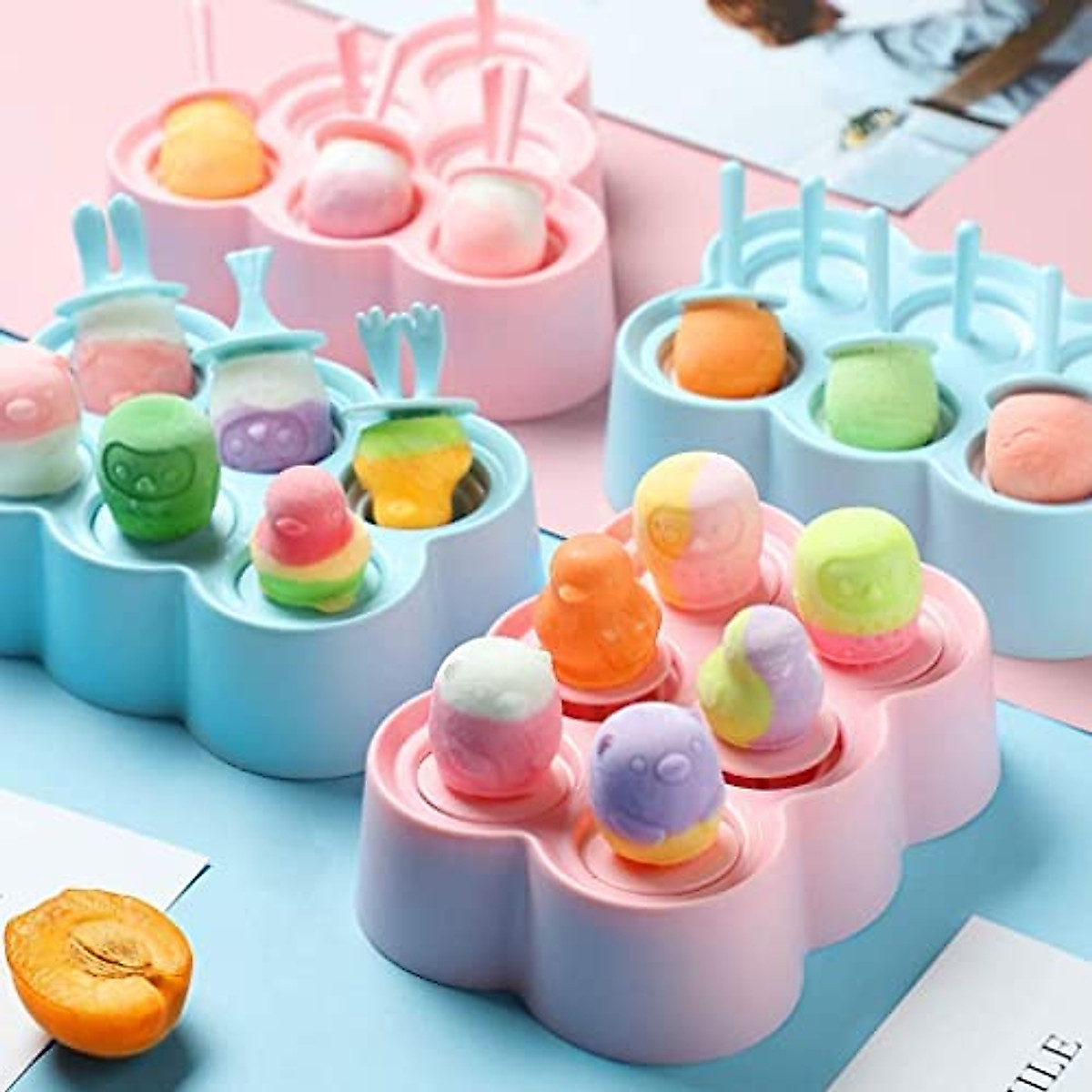 Mini Ice Pop Molds BPA Free, Silicone Reusable Small Popsicle Molds with Sticks, DIY Ice Cream Makers [Cavity of 6], Funny Animal Shape Cute Yogurt Tubes