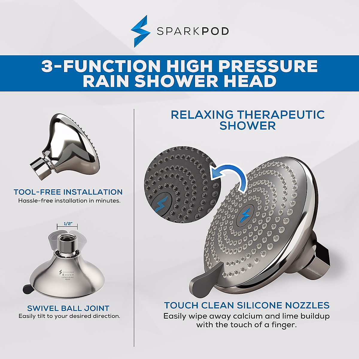 SparkPod High Pressure 3-Function Rain Shower Head - Luxury Modern Look - 3.75" Wide Angle Rainfall Showerhead - No Hassle Tool-less 1-Min Installation (Luxury Polished Chrome)