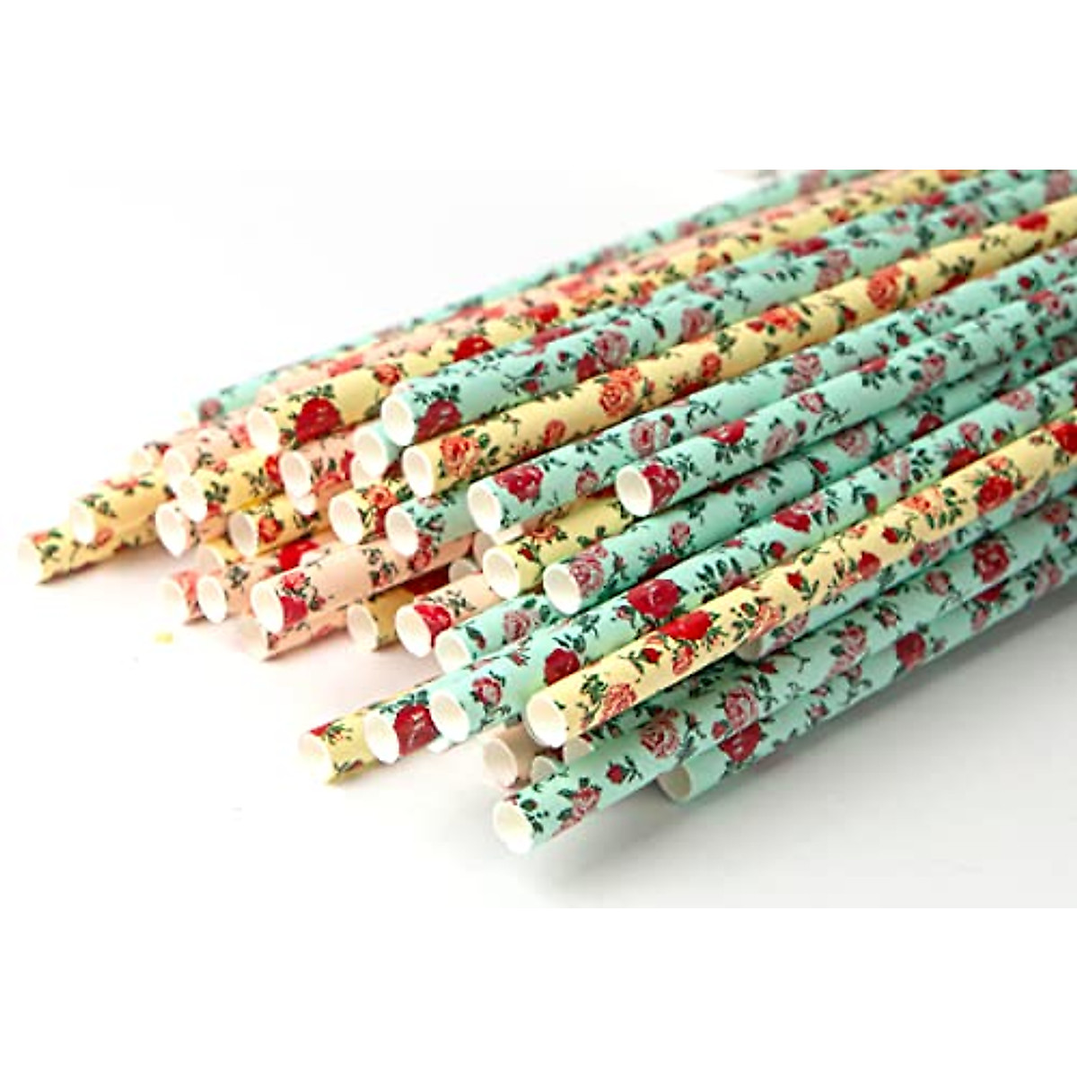 75-Pack Biodegradable Floral Paper Straws - Pink, Blue, Yellow - Vintage Flower & Rose Design - Eco-Friendly Disposable Straws for Parties by JPACO