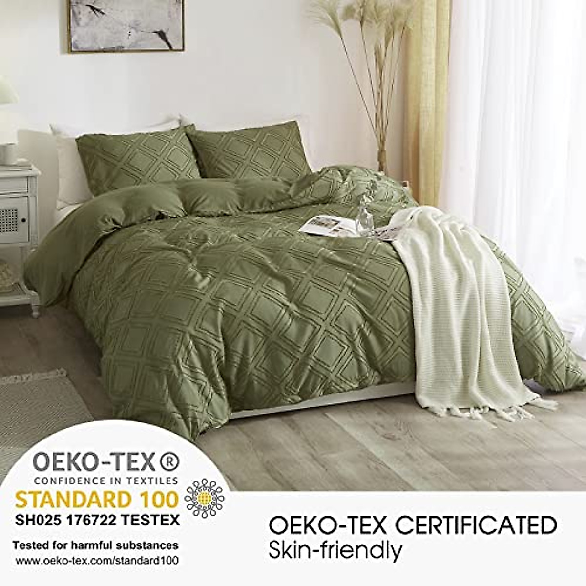 HYPREST Textured Duvet Cover, Green Duvet Covers QueenTufted Boho Style, Super Soft Breathable Bohemian Bedding Duvet Cover Set