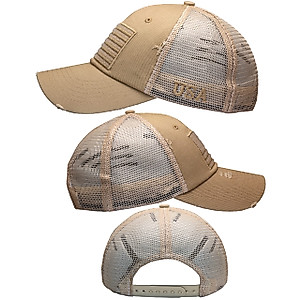 Antourage American Flag Unconstructed Hat for Men and Women Twill Mesh Snapback Baseball USA Flag Cap + 2 Patriotic Patches ((10) Khaki Distressed Mesh Snapback)