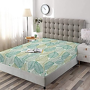 Decorative Bedding Sheet Set Queen Size, Leaves Deep Pockets Fitted Sheet & 2 Pillow Sham Set, Modern Leaf Forms Geometric Lines Shape Print Microfiber 3pc Bed Sheets Set, for Boys & Girls Bedding