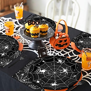 96 Pieces Halloween Spider Web Tableware Party Supplies - Disposable Dinnerware Set with Paper Plates, Napkins, and Forks for Spooky Halloween Party Supplies, Birthday Decorations - Serves 24 (Black)