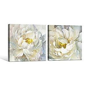 SEVEN WALL ARTS Flower Canvas Wall Art Peony Floral Pictures Set Abstract White and Yellow Blossom Paintings for Bedroom Bathroom Kitchen Office Living Room Wall Decor 24"x24"x2pcs