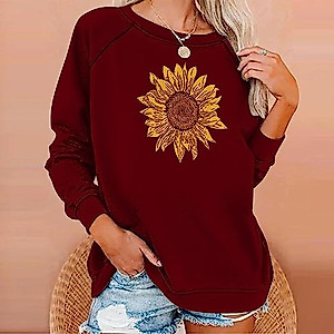 Womens Summer Clothes 2023 2024 Sudaderas para Mujer con Estampado girasoles Jersey Manga Larga Camisa Cuello Redondo ropa de otoño Primavera H2-Wine Small