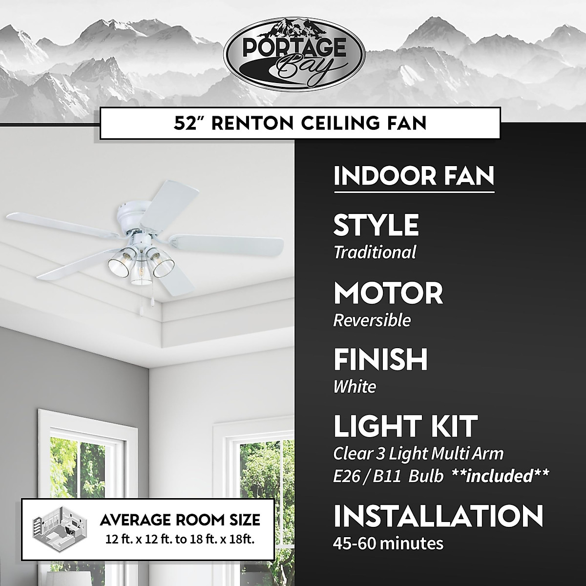 Portage Bay Ceiling 52" Renton White Indoor Fan with Clear 3 Light LED Multi Arm E26/B11 Bulb and Pull-Chains, Traditional Style, 5 Reversible Gray Oak Blades, 51441, 52 Inch