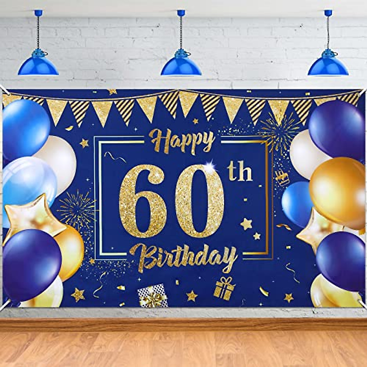 Blue 60th Birthday Decoration Banner for Men Women, Navy Blue Gold Happy 60th Birthday Banner Backdrop, Large Blue Sixty Years Old Birthday Anniversary Banner Photography Background Party Décor