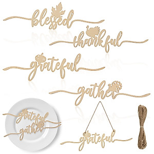 8 Pcs Thanksgiving Wood Cutout Cards Sign Grateful Blessed Gather Thankful Plates Thanksgiving Place Setting Decorations Hanging Thanksgiving Plate Decor for Home Table Setting Decor (Burlywood)