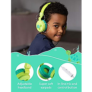 Planet Buddies Kids Headphones, Wired Headphones with Microphone for Kids, Volume Safe Foldable On Ear Earphones for School, Travel, Phone, Kindle - Green Turtle