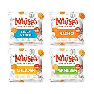 Whisps Cheese Crisps - Parmesan, Cheddar, Tangy Ranch & Nacho Cheese Snacks, Keto Snacks, 6-9g of Protein Per Bag, Low Carb, Gluten & Sugar Free, Great Tasting Healthy Snack, All Natural Cheese Crisps - Variety, .63 Oz (Pack of 12)