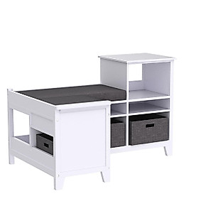 Martha Stewart Kids' Corner Nook - Creamy White: Wooden Storage Bench Bookcase Organizer with Seat Cushion and Fabric Bins for Reading in Bedroom or Playroom