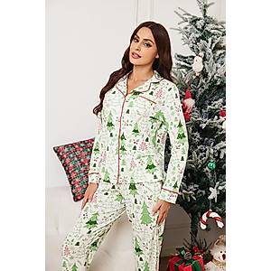 LUBOT Christmas Pajamas 100% Cotton Pajama for Women Soft Button-Down Long Sleeve Xmas 2 piece PJ Sleepwear Loungewear (Christmas Tree,M)