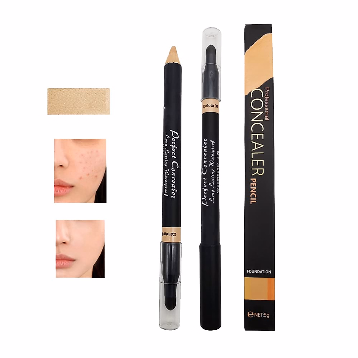 AKARY Face Full Range of Coverage Concealer Pencil for Face, 2 in 1 Dual-Sided Eyebrow Face Concealer Crayon Highlighter Stick, Professional Waterproof Foundation Concealer for Eye Dark Circles, Blackheads, Concealer Pencil with Brush for Men and Women (#
