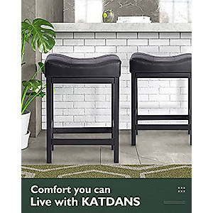 KATDANS Bar Stools Set of 2 - Counter Height Stools - 24 Inch Saddle Stool - PU Leather Kitchen Stools - Black Seat - Black Metal Base, KS861P-Black
