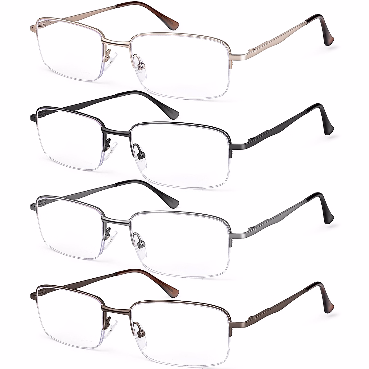 FelixAim 4 Pack Blue Light Blocking Reading Glasses for Men 2.0 Half Rim Metal Readers with Spring Hinge Computer Eyeglasses