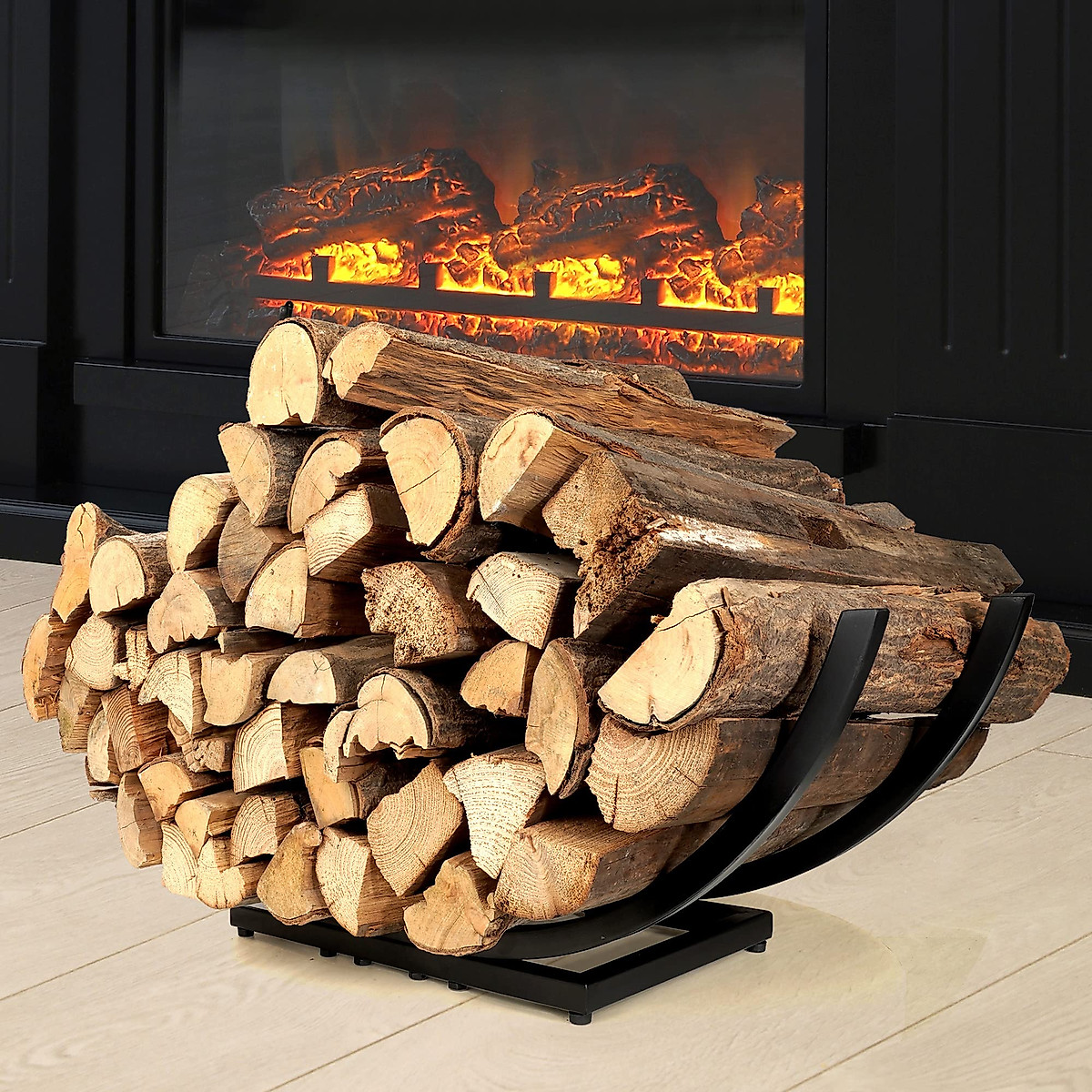Curved Firewood Rack Holder: Heavy Duty Firewood Holder Indoor Outdoor for Firewood Storage - Fireplace Wood Rack Log Holder Black 22-Inch