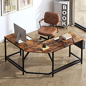 DlandHome Reversible L-Shaped Desk Large Corner Desk Folding Table Computer Desk Home Office Table Computer Workstation, Retro