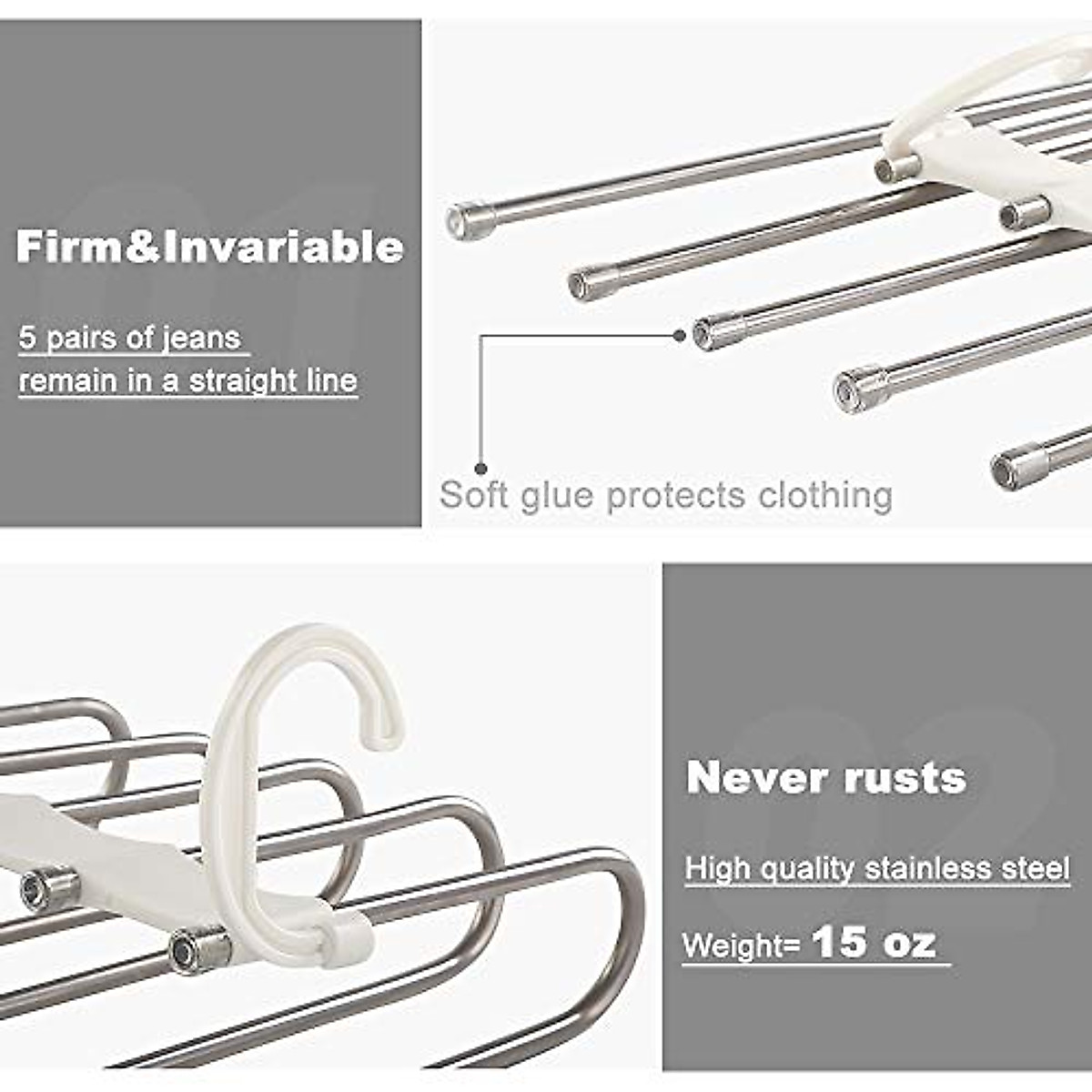 WAOU Massy Pants Hangers Multi-Layer Hanging Pants 5 in 1 Pants Rack Stainless Steel Pants Hangers Folding Storage Rack Space Saver Storage for Trousers Scarf Tie Belt Adjustable(2 Pack)