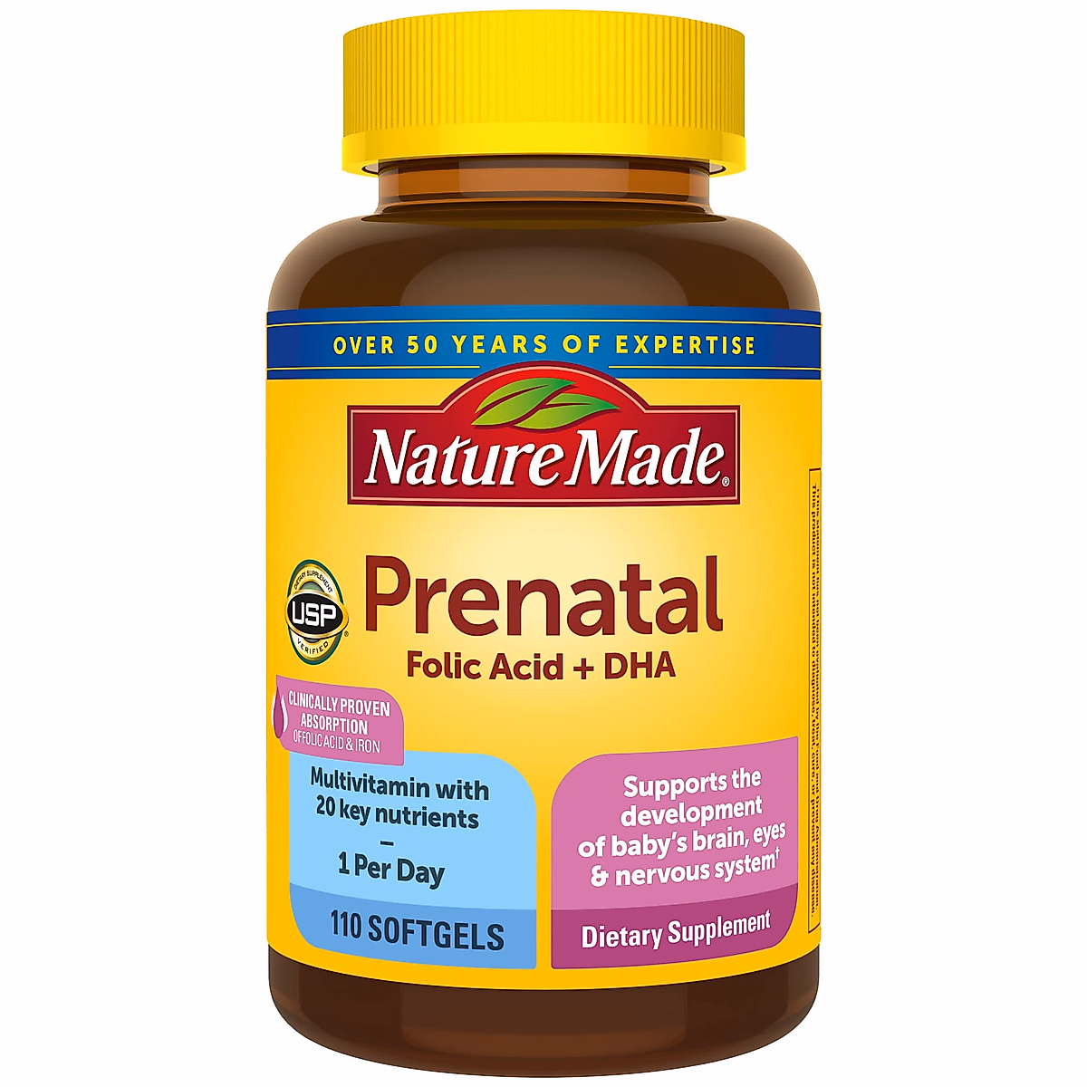 Nature Made Prenatal with Folic Acid + DHA, Prenatal Vitamin and Mineral Supplement for Daily Nutritional Support, 110 Softgels, 110 Day Supply