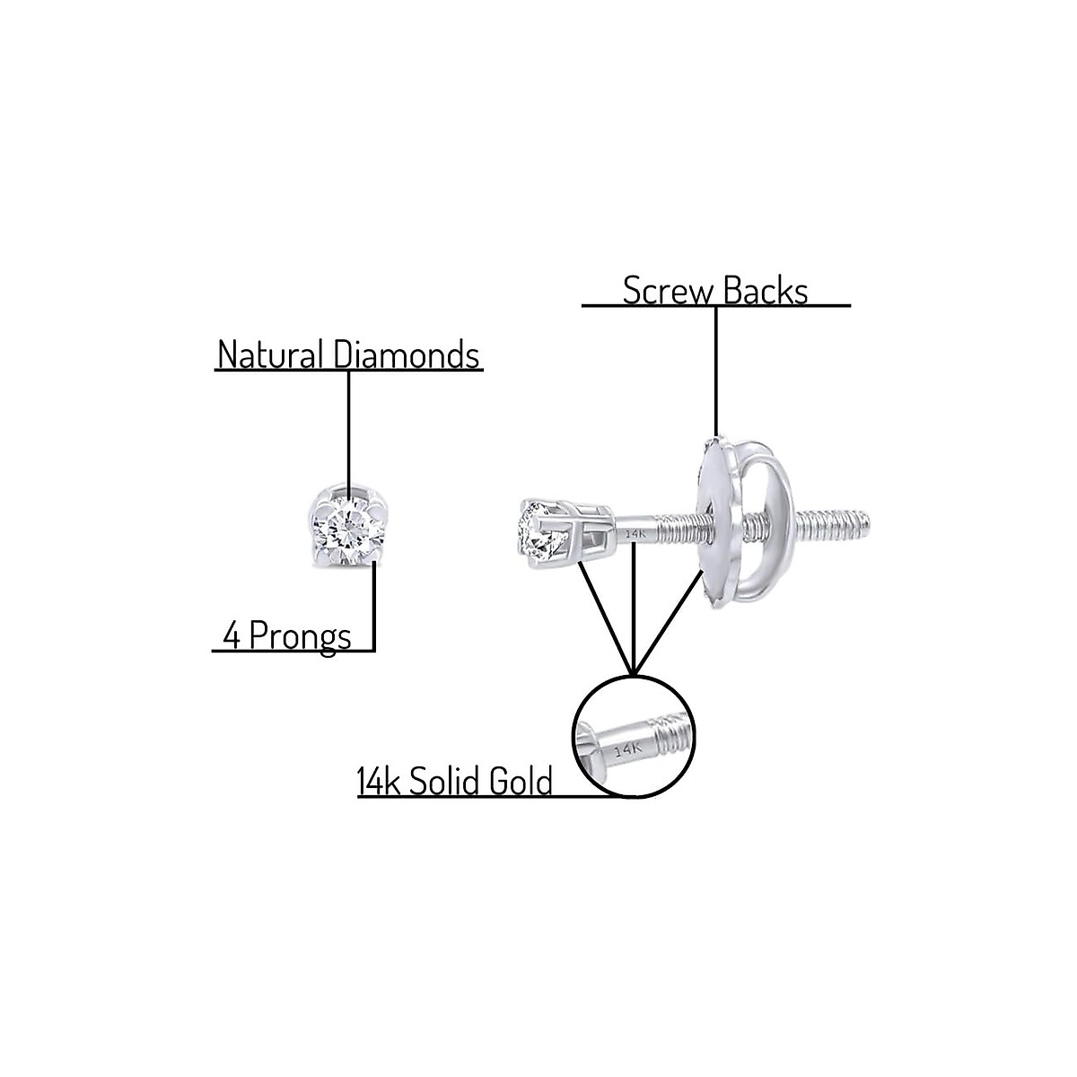 VERY VERY Small Miniscule 0.04CTTW Round Natural Diamond Stud (IGI Certified 0.70 ct & up) Plus Quality Screw Back Earrings in 14k Solid White Gold, 0.04 Ctw - 2.00 Ctw)