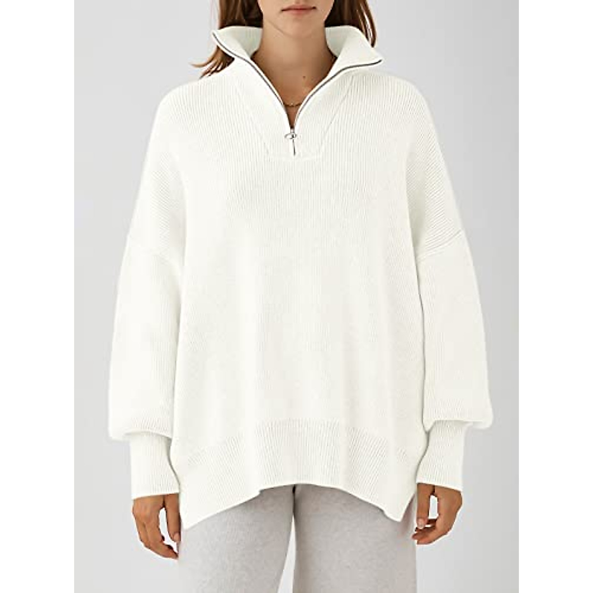 ANRABESS Women's Oversized Fashion Long Sleeve Quarter Zip Baggy Loose Slouchy Sweater Pullover Tops 2024 Fall Outfits White X-Small
