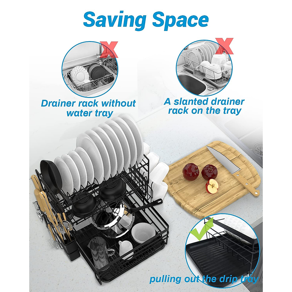 3 Tier Dish Drainer Rack for Kitchen Counter, Large Capacity Dish Drying Rack with Drainboard,Cup Holder,Cutting Board Rack and Cutlery Holder,Detachable Stainless Steel Dish Drying Rack for Kitchen