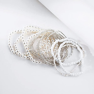 COLORFUL BLING Women Multilayer Temperament Imitated Pearl Stackable Strand Bracelets Beaded Seed Heart Rhinestone Crystal Stretch Bracelet Wedding Wrist Jewelry-multi white