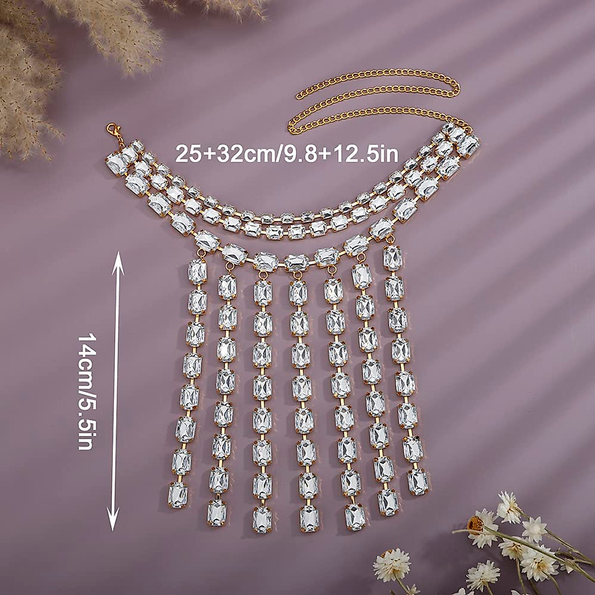 Xerling Large Crystal Tassels Dangling Bohemian Bib Necklaces for Women Oversized Layered Chain Necklaces for Photo Shoot Statement Choker Necklaces (Gold)