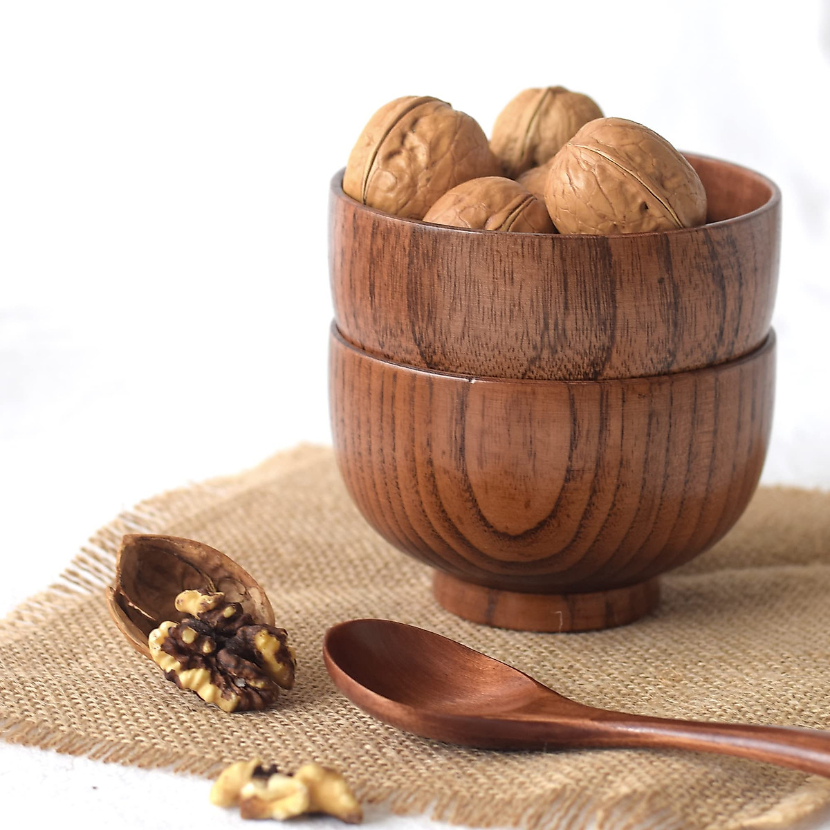 Kanhaom Small Wooden Bowls and Spoons, 10oz. Portion Control Bowls for Snack, Dessert, Japanese Serving Bowls for Rice, Soup, Solid Wood Bowls for Decor (4 Bowls with 4 Spoons - 4.1IN)