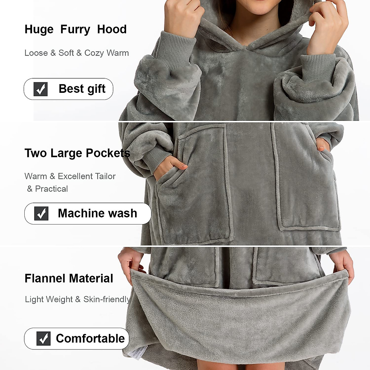 Kipswiza Oversized Wearable Blanket Flannel Soft Long Hoodie Blankets for Adults-Light Grey