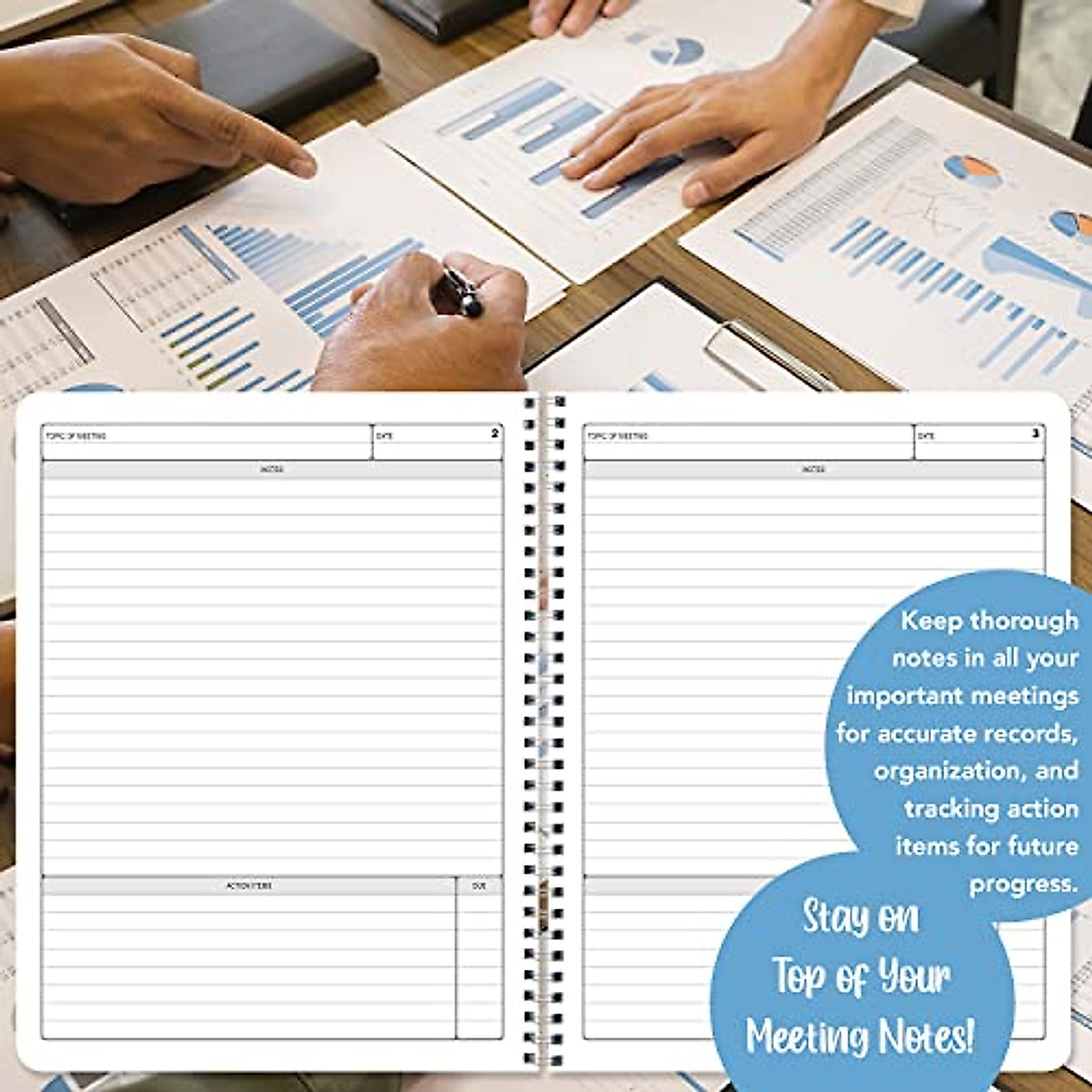 BookFactory Meeting Notebook/Meeting Book for Work- Black 120 Pages (Ruled Format), 8.5in x 11in, Wire-O Bound (MTG-120-7CW-A-(Meetings-K)-MX)