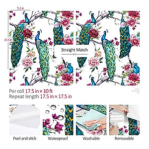 ReWallpaper Vintage Peal and Stick Peacock Wallpaper Blue/Green/Teal Flower Tree Wall Paper Self Adhesive 17.5in X 10ft Removable Wallpaper Peel and Stick Contact Paper Wall Mural for Bathroom Bedroom