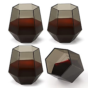 SUNGRACE Stemless Silicone Wine Glasse, Unbreakable and Portable, Unique Diamond Shaped, for Parties, Camping, Beaches or Travel (Transparent Black, 4 Pack)