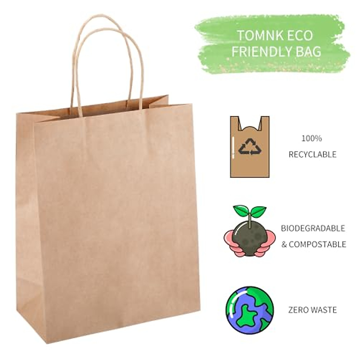 TOMNK 45pc Kraft Paper Gift Bags with Handles - 8/10/12.6 Inch (3 Sizes, 15pc Each) for Business & Party Use