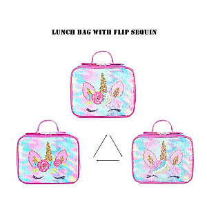 KK CRAFTS Cute Insulated Lunch Box For Girls Boys Kids Toddlers Preschool Kindergarten Elementary(Small,Sequin Rainbow Unicorn)