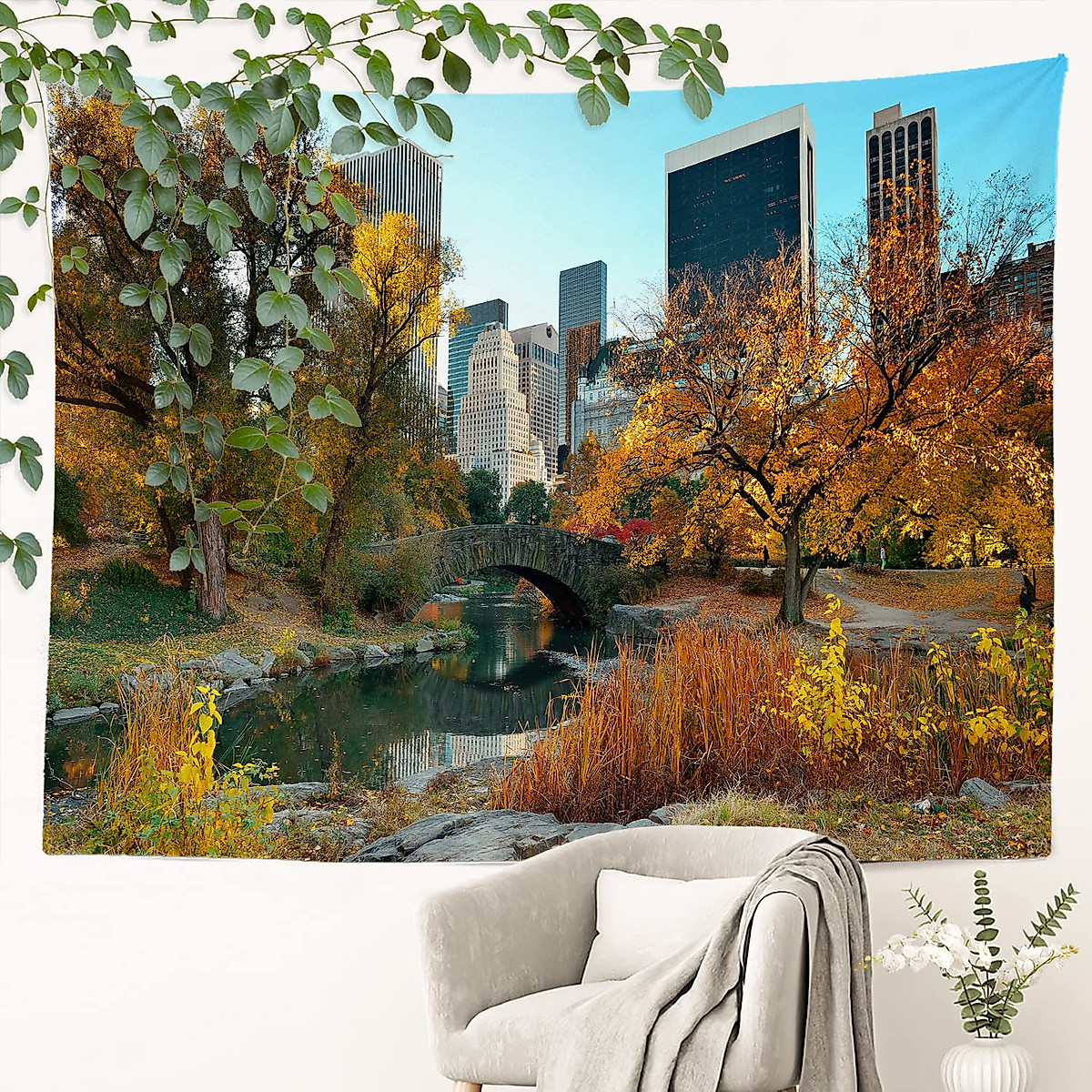 BaoNews Autumn New York City Tapestry, Central Park in New York City Large Wall Hanging Tablecloths Mural Home Decoration Psychedelic Tapestry Bedroom Living Room Dorm 51.2 x 59.1 inches(Garden)