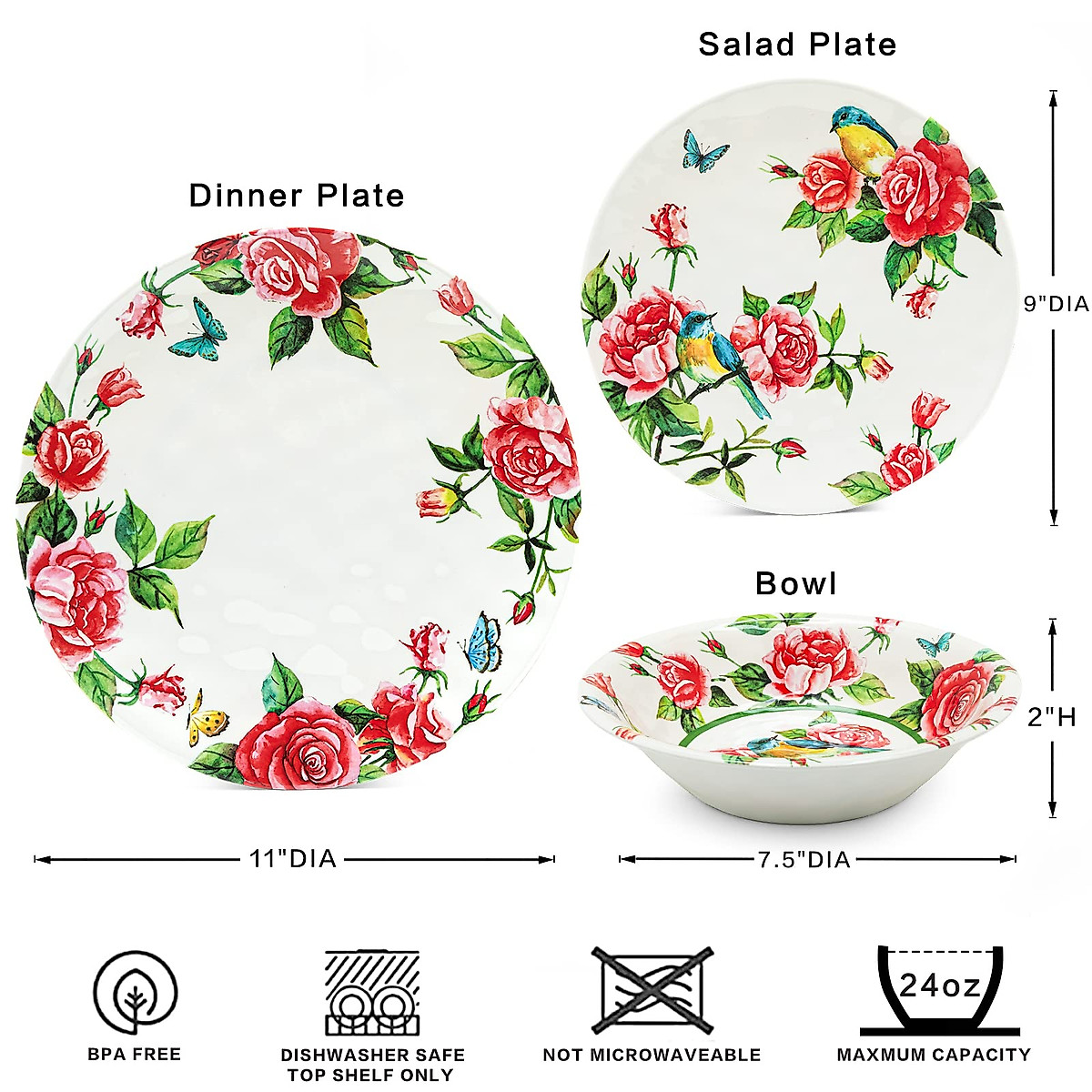 LEHAHA 12 Pcs Melamine Dinnerware Sets, Rose Flower Plates and Bowls Sets, Set of 4 Spring Floral Dishes Dinnerware Set, Great For Valentine's Day,Christmas, Mother's Day and Daily Use, Red Rose