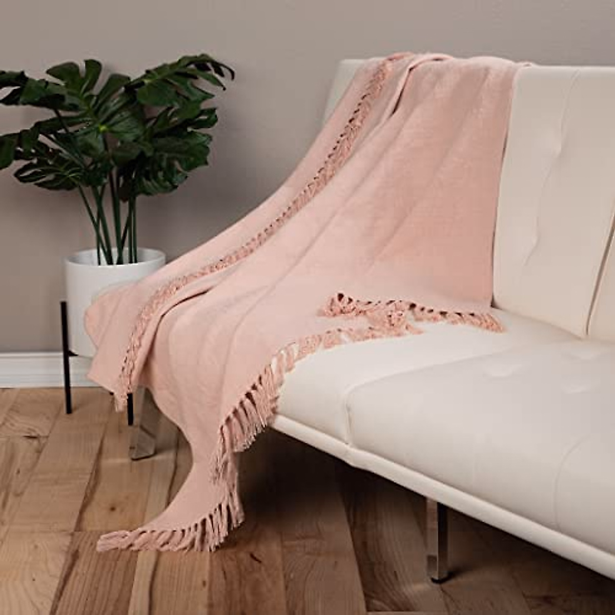 Sticky Toffee Blush Pink Woven Cotton Throw Blanket with Fringe, Textured Throw Blankets, Thick and Durable Decorative Throw, Oeko-Tex Cotton, 50 in x 60 in