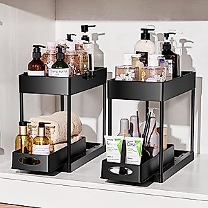 KMIGRUAN Under Sink Organizers and Storage,2 Tier Kitchen and Bathroom Organizer Under Sink Shelf，Multi-function with Hook Under Cabinet Organizer