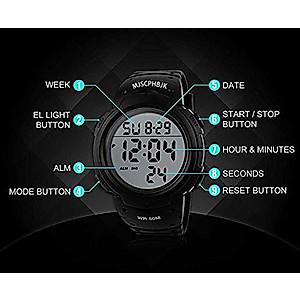 SKMEI MJSCPHBJK Mens Digital Sports Watch, Waterproof LED Screen Large Face Military Watches and Heavy Duty Electronic Simple Army Watch with Alarm, Stopwatch, Luminous Night Light - Black