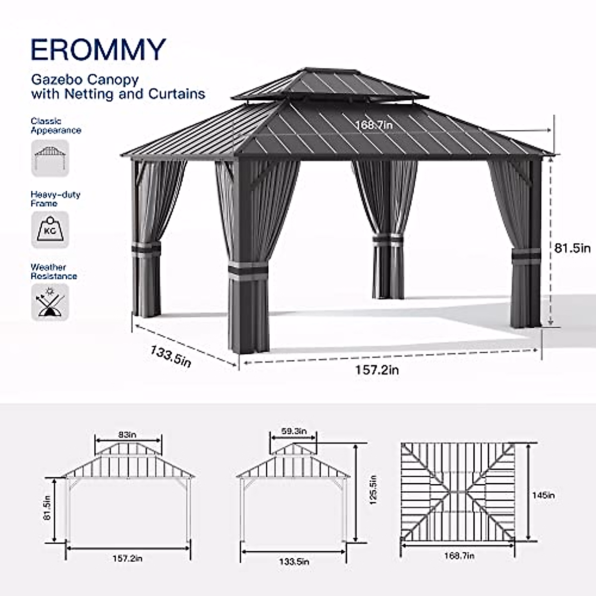 Gotland 12' x 14' Hardtop Gazebo,Outdoor Galvanized Steel Metal Double Roof Gazebo with Curtains and Netting for Patios, Gardens, Lawns,Sand