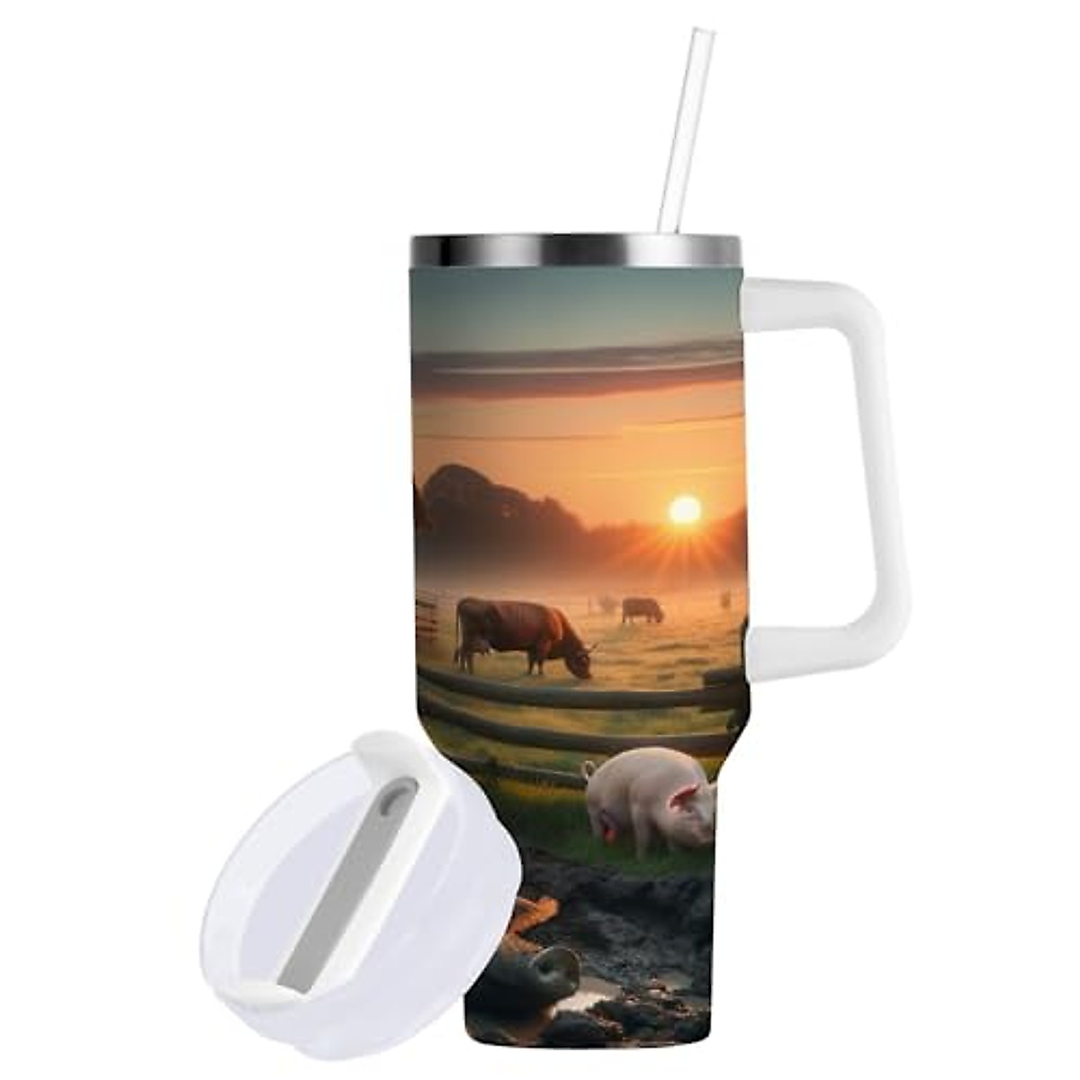 RPLIFE Farmhouse Rooster Pig Coffee Tumbler, Stainless Steel Mug, Insulated Tumblers with Handles, Tumbler for Men