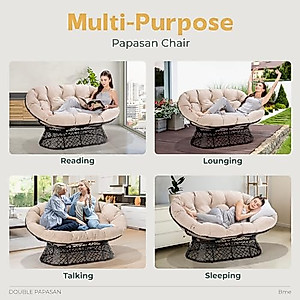 Bme 61" Capacity 600lbs Double Papasan Ergonomic Wicker Papasan Chair with Soft Thick Density Fabric Cushion, Bee-Designed Base, High Capacity Steel Frame, 360 Degree Swivel for Living, Bedroom,...