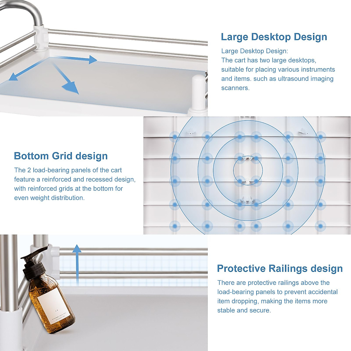 Mobile Utility Cart with Wheels Professional Medical Trolley Cart 220 Lbs Load Plastic and Stainless Steel Esthetician Storage Cart with Basins and Kegs for Beauty Salon Hospital Clinic Home