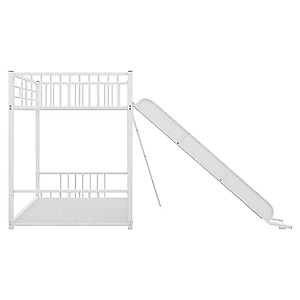 BOVZA Twin Over Twin Low Bunk Bed with Slide, Metal Bunk Bed Frame with Metal Slats Support and Guardrails for Kids Boys Girls Teens, No Box Spring Needed, White