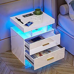 HNEBC LED Nightstand, RGB White Night Stand with USB/Wireless Charging Station, Modern Bedside Table has Auto Sensor RGB Lights, End Side Table with 2 Drawer for Bedroom Furniture, White