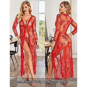 Avidlove Sexy Lingerie Robe for Women Lace Kimono Gown Bridal Babydoll Linngerie Red, M
