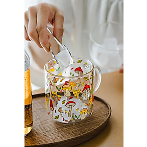 Mushroom Glass Mug with Gold Spoon Aesthetic Glass Cup with Cute Mushroom Patterns Mushroom Coffee Milk Mug Tea Cup Breakfast Drinking Mushroom Stuff (with Spoon)